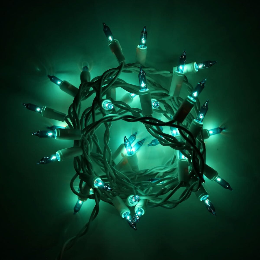 100-bulb Teal Mini Lights, 6" Spacing, Green Wire – Christmas Light Source