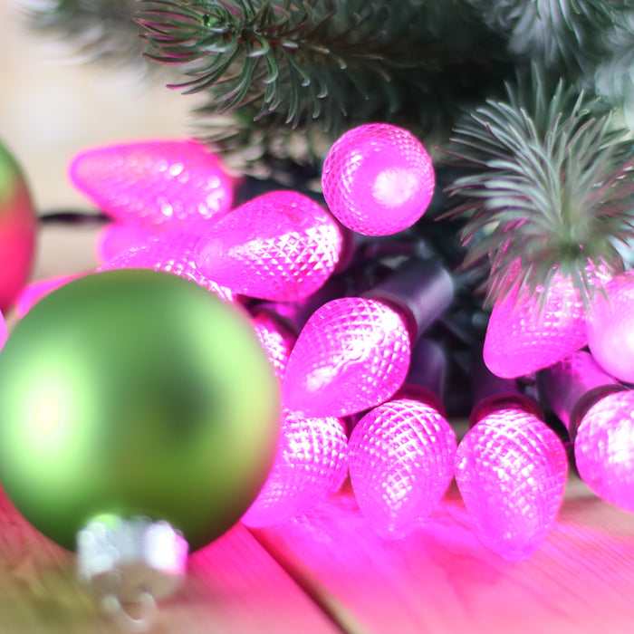 25-light C7 Pink LED Christmas Lights, 8" Spacing Green Wire ...