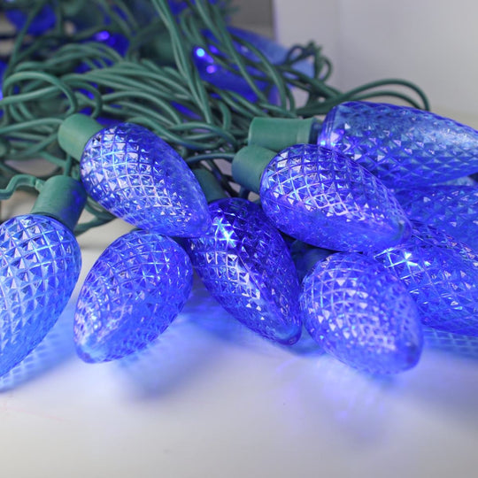 50-light C6 Blue LED Christmas Lights, 4" Spacing Green Wire ...