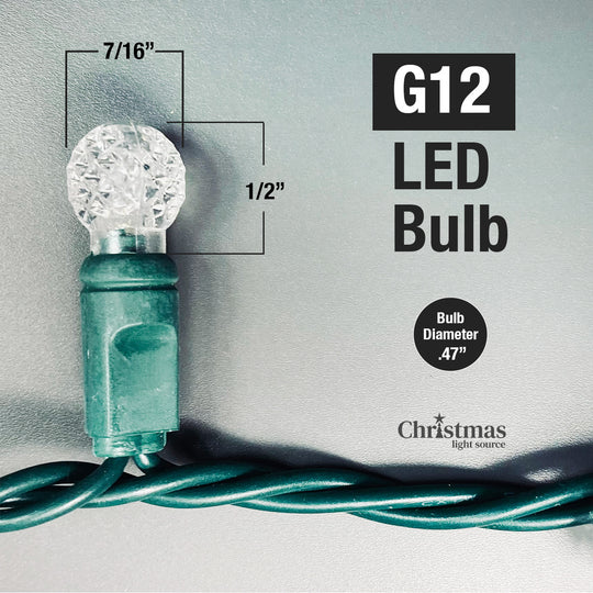 50-light G12 Pure White LED Christmas Lights, 4" Spacing Green Wire ...