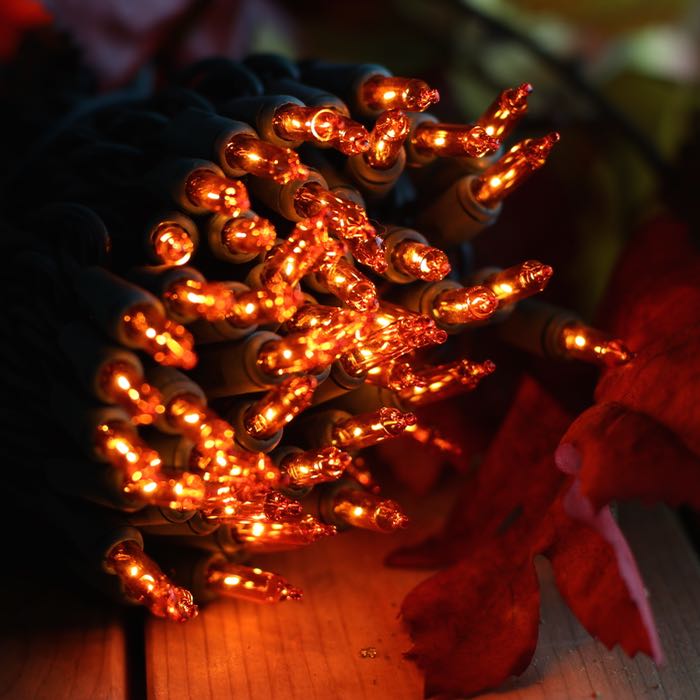 100-bulb Orange Mini Lights, 4" Spacing, Green Wire – Christmas Light ...
