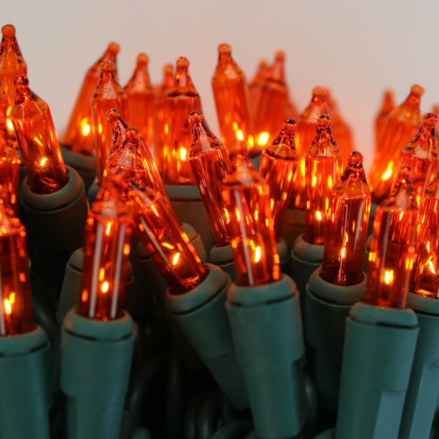 100-bulb Orange Mini Lights, 4" Spacing, Green Wire – Christmas Light ...