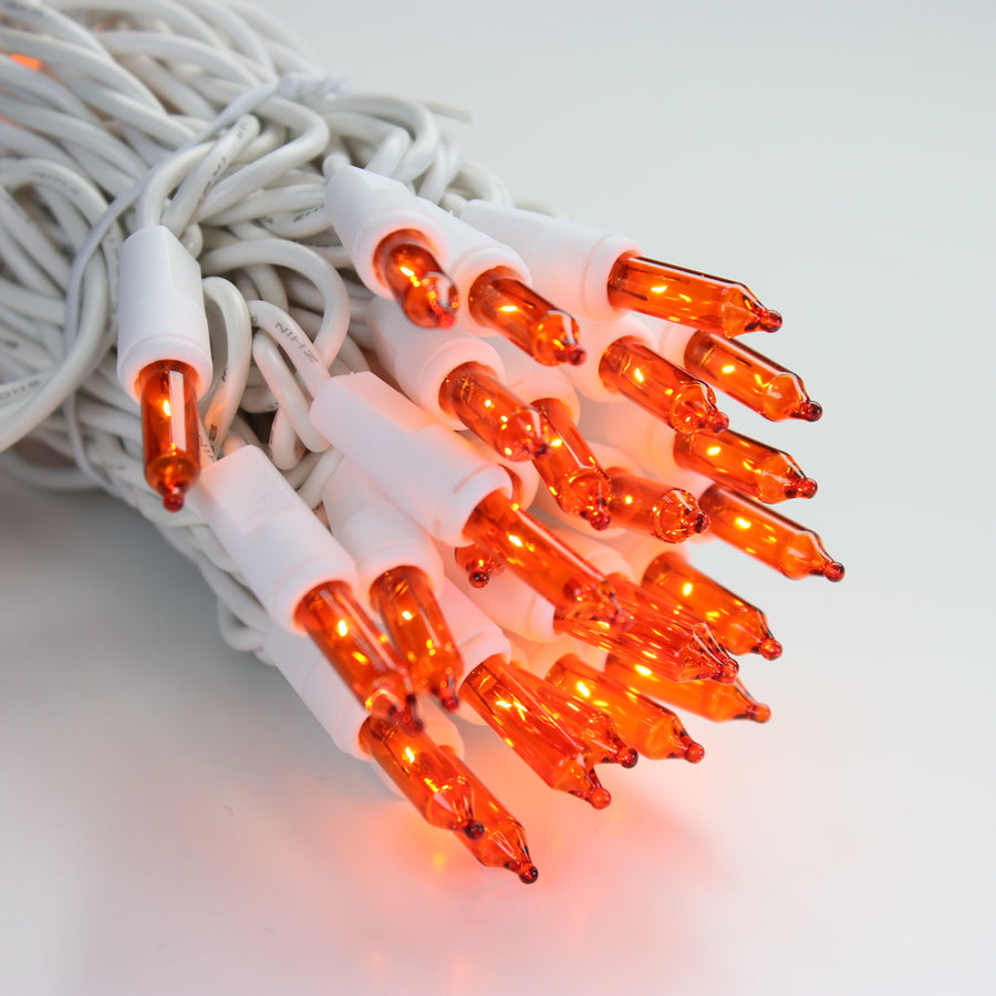 100-bulb Orange Mini Lights, 6" Spacing, White Wire – Christmas Light ...