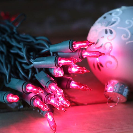 50-bulb Pink Mini Lights, 6" Spacing, Green Wire – Christmas Light Source
