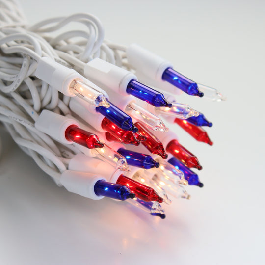 50-bulb Red White Blue Mini Lights, 4" Spacing, White Wire – Christmas ...