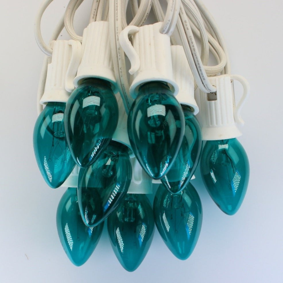 C7 Teal Glass Bulbs E12 Bases (25 Pack) – Christmas Light Source